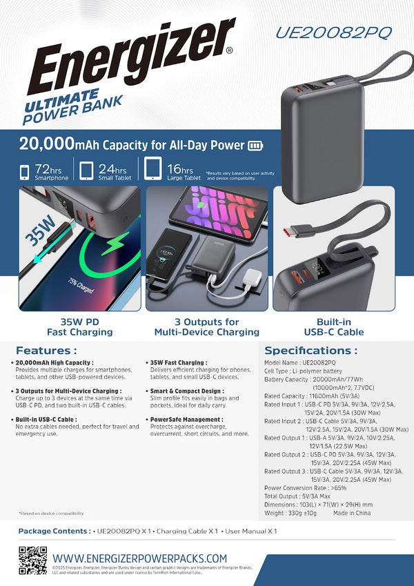 Energizer UE20082PQ 20000MAH PD+QC LCD Built In USB-C Cable, CCC Power ...
